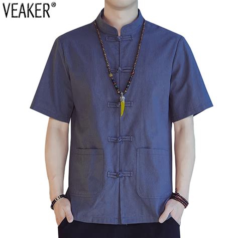 2022 새로운 남성의 중국 스타일 코튼 린넨 셔츠 루즈 한 아우터 탑 남성 여름 솔리드 컬러 반소매 셔츠 M 4xl Aliexpress