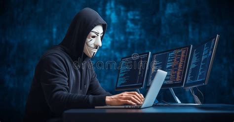 Hacker In Black Hoodie And White Mask Works Intently At Table With