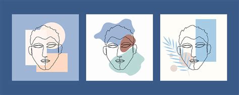 포스터 라인 맨 페이스 와 잎 세트 한 줄 그리기 스타일입니다 디자인 의류 카드 메모장 포스터에 대한 벡터 일러스트레이션 개념에