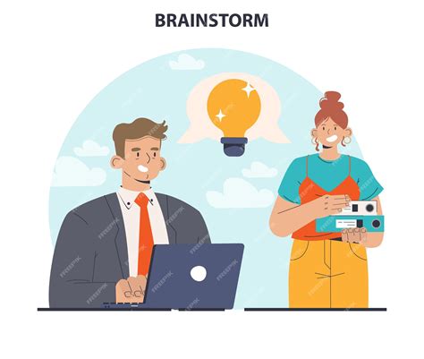 브레인스토밍 팀워크 토론에서 새로운 아이디어 생성 창의적인 캐릭터 프리미엄 벡터