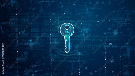 Blue Digital Security Key Logo And Futuristic Circle Hud With Big Data Processed On Grid Line
