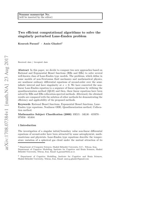 Pdf Two Efficient Computational Algorithms To Solve The Singularly Perturbed Lane Emden Problem
