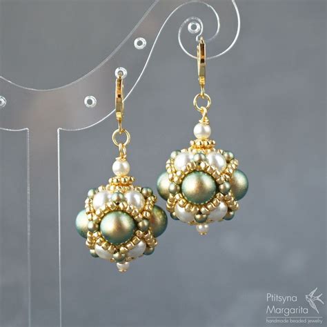 Серьги ручной работы с жемчугом Сваровски оливковые бижутерия люкс в интернет магазине Ярмарка