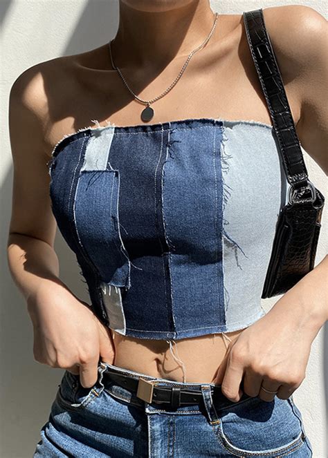 예쁜돌 데님 패치 백리스 크로스 백 스트랩 튜브탑 나시티 크롭티 배꼽티 크롭탑 숏티 T 0059