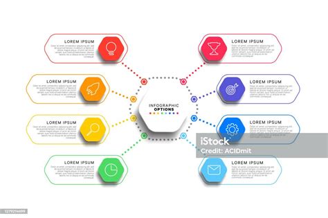 흰색 배경에 사실적인 육각형 요소가 있는 8단계 인포그래픽 템플릿 비즈니스 프로세스 다이어그램 회사 프리젠 테이션 슬라이드