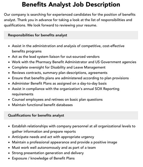 Benefits Analyst Job Description Velvet Jobs