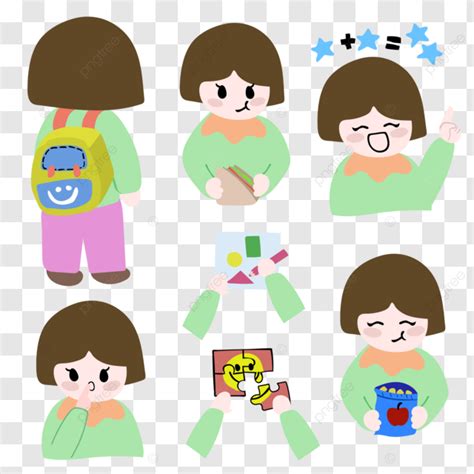 귀엽고 명랑한 어린 소녀 미취학 아동 유치원생 캐릭터 학교 첫날 녹색 스웨터를 입은 아이 샌드위치 먹기 간식 먹기 그림 낙서