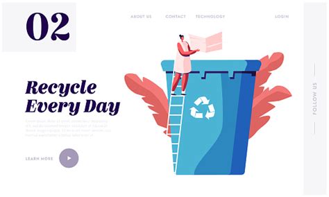 종이 폐기물 재사용 솔루션 웹 사이트 방문 페이지 여성 캐릭터는 재활용 기호와 쓰레기통 용기에 종이 쓰레기를 던져 생태 보호 웹 페이지 배너입니다 만화 플랫 벡터 일러스트
