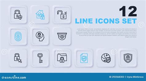 Set Line Shield With World Globe Security Lock Lock Contract Shield Fingerprint Old Key