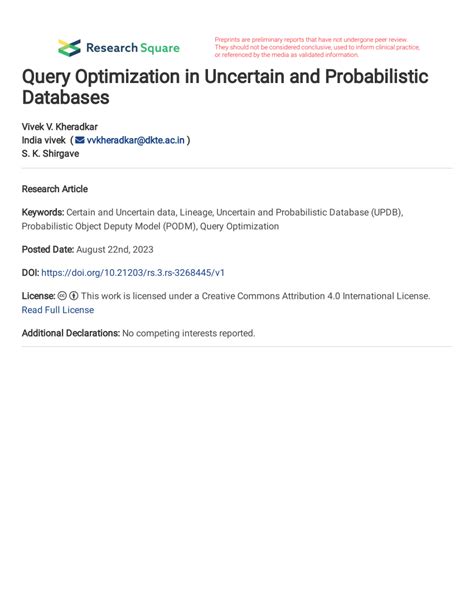 Pdf Query Optimization In Uncertain And Probabilistic Databases