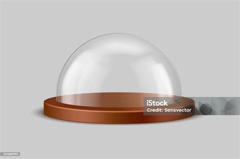 투명 유리의 돔 나무 쟁반에 반사가있는 프리젠 테이션 케이스 구형의 3d 현실적인 전시 전시 유리의 Cloche를 먹고 음식 함정 유리 재료에 대한 스톡 벡터 아트 및 기타