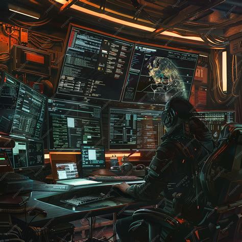 Hacker In Action Multimonitor Setup With Complex Code Displays Cyberpunk Style Premium Ai Hacker In Action Multimonitor Setup With Complex Code Displays Cyberpunk Style Premium Ai