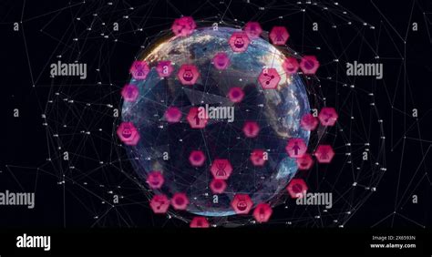 Image Of Connected Pink Icons And Dots Around Globe Rotating Against Black Background Stock