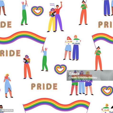 Lgbt 프라이드 퍼레이드 사람들 행진 원활한 패턴 벡터 일러스트레이션 Lgbtqia 문화에 대한 스톡 벡터 아트 및 기타