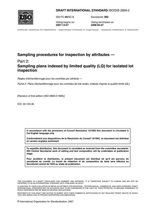 Iso Dis 2859 2 Sampling Procedures For Inspection By Attributes
