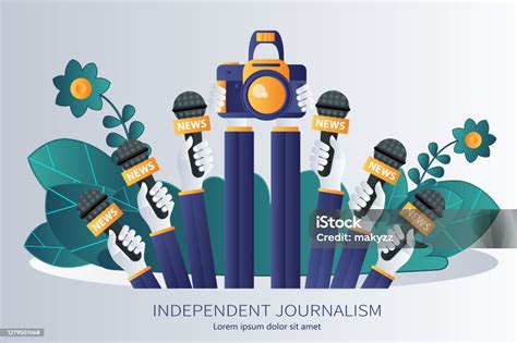 저널리즘 기자 손에 마이크 파란색 배경에 격리된 마이크 및 레코더 집합입니다 매스 미디어 텔레비전 인터뷰 속보 기자 회견 개념 플랫 벡터 개념에 대한 스톡 벡터 아트 및