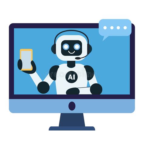 Cute Chat Bot Robot On The Computer Monitor Screen Showing Smartphone Stock Vector