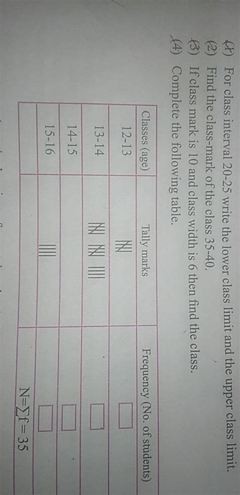 X For Class Interval 20 25 Write The Lower Class Limit And The Upper Cl