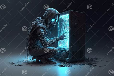 Hacker Robot Hacks Into A Computer With A Database The Concept Of Cybersecurity And Personal