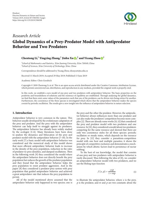 Pdf Global Dynamics Of A Prey Predator Model With Antipredator Behavior And Two Predators