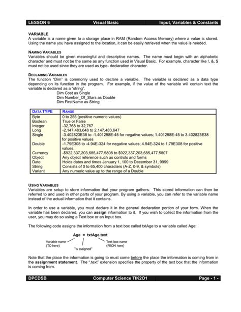 Lesson 6 Visual Basic Input Variables And Constants