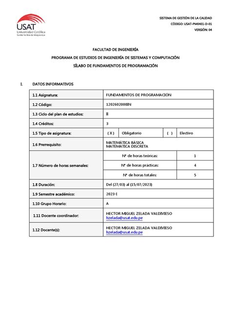 Silabo 2023 I Fundamentos De ProgramaciÓn A Descargar Gratis Pdf