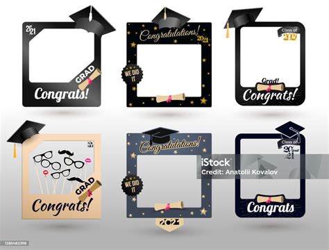 졸업 파티 사진 부스 소품의 큰 세트 셀카에 대한 개념 그라데이션용 캡이 있는 프레임입니다 축하 졸업생 견적 벡터 그림입니다 흰색 배경에 격리 졸업식에 대한 스톡 벡터 아트