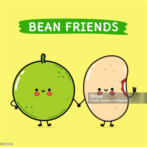 귀엽고 재미있는 행복한 콩과 완두콩 캐릭터 벡터 손으로 그린 만화 Kawaii 캐릭터 그림 아이콘입니다 재미 있는 만화 행복한 콩과 완두콩 친구 건강관리와 의술에 대한 스톡