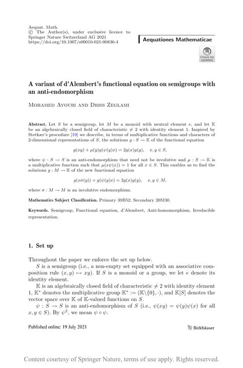 A Variant Of Dalemberts Functional Equation On Semigroups With An