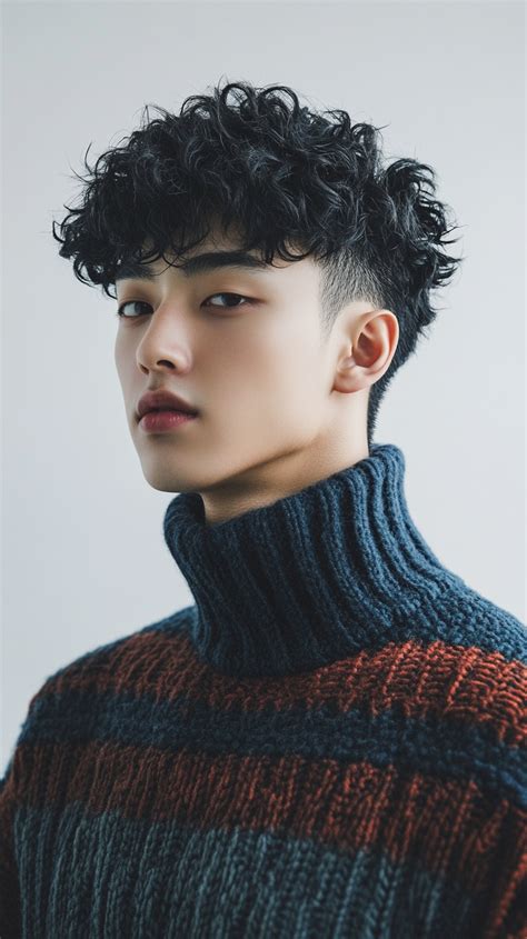 젊은 남자가 검은 머리를 가지고 있으며 하이넥 스웨터를 입고 옆으로 갈라진 헤어스타일을 하고 있습니다 배경은 흰색 벽에 파란 톤이 어우러져 전체적으로 차가운 느낌을