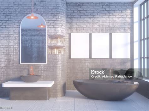 콘크리트 바닥 욕조 더블 싱크 3d 그림을 모의 회색 욕실 인테리어 0명에 대한 스톡 사진 및 기타 이미지 0명 가정의 방 개수대 Istock