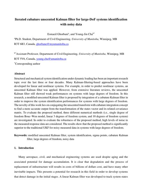 Pdf An Iterated Cubature Unscented Kalman Filter For Large Dof Systems Identification With