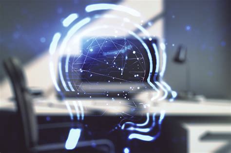 인간의 머리 홀로그램과 배경에 컴퓨터가있는 현대 데스크톱과 창조적 인 인공 지능 개념 다중 노출 사람 뇌에 대한 스톡 사진 및 기타 이미지 Istock