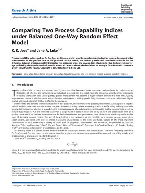 Pdf Comparing Two Process Capability Indices Under Balanced One Way Random Effect Model