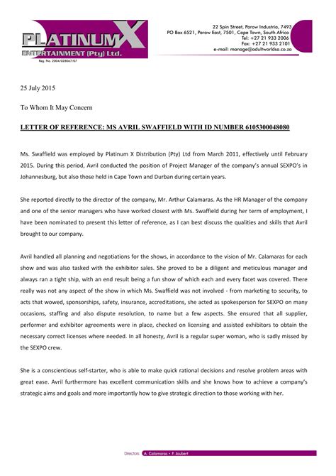 AVRIL SWAFFIELD LETTER OF REFERENCE PDF