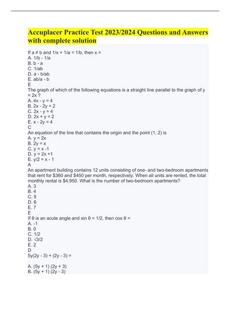 Accuplacer Practice Test 2023 2024 Questions And Answers With Complete Solution Accuplacer