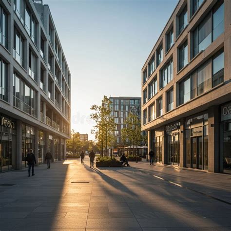 Modern Urban Scene With Two Geometric Multi Story Buildings Lining A