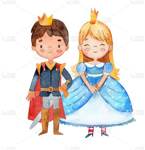一个可爱的小王子和穿着蓝色裙子的公主的水彩画插图。小女孩和小男孩被水彩花圈包围着。孤立的素材 花瓣网