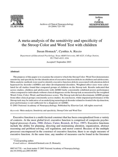 2004 A Meta Analysis Of The Sensitivity And Specificity Of The Stroop Color And Word Test With