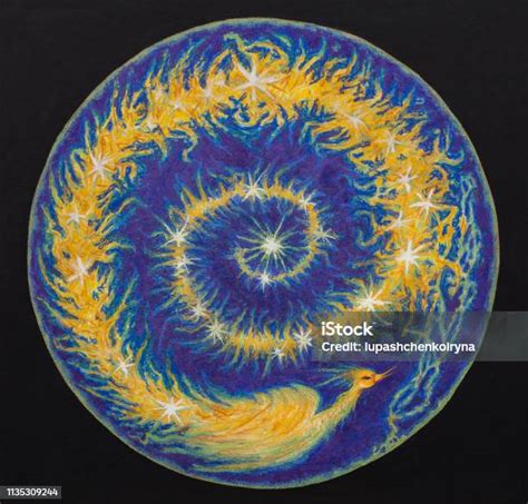 세련 된 그림 현대 예술 작품 내 원래 그래픽 파스텔에 우화 골 판지 라운드 상징적 인 그림은 우주의 무한의 형태로 환상의 판타지 비행 불타는 동화의 행복 비행