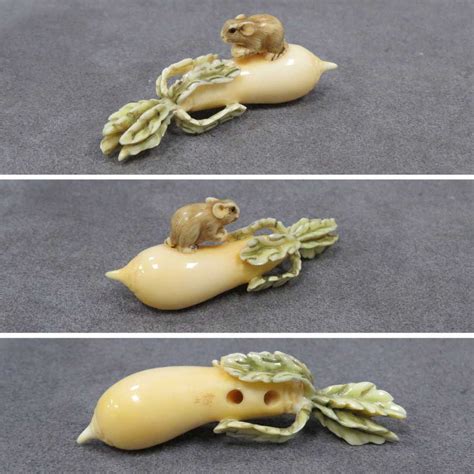 Japanese Carved Ivory Netsuke Mouse On Radish