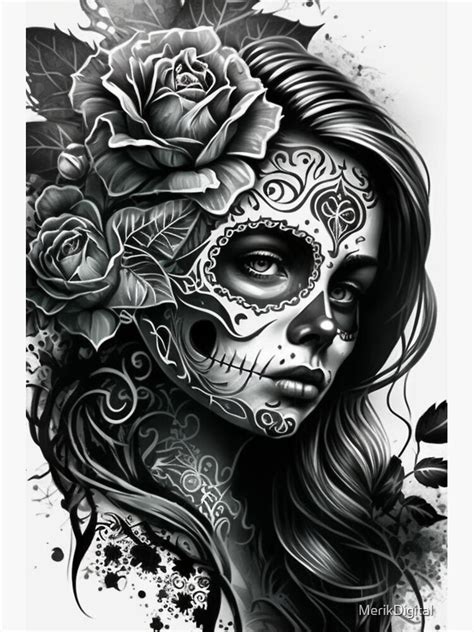 Black And White Day Of The Dead Girl Tattoo Style Art Print Unique