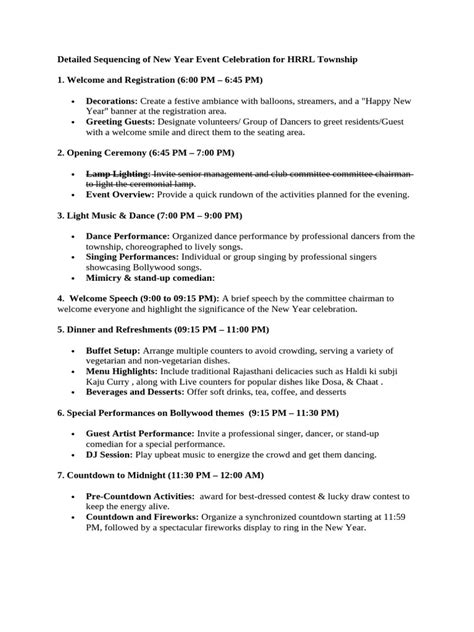 Detailed Sequencing Of New Year Event Celebration For Hrrl Township Pdf