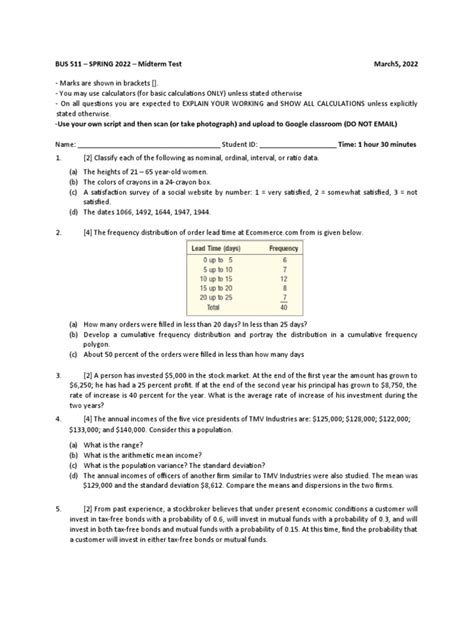 Nsu Bus 511 Spring2022 Midterm Exam Download Free Pdf Mean Skewness