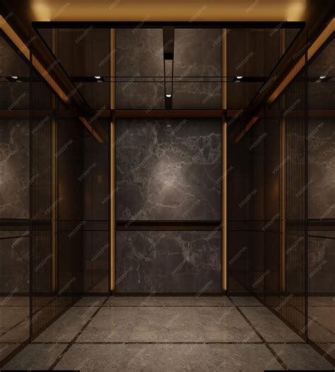 황금 패션 리프트 문 사무실 복도에는 닫힌 반 폐쇄 및 열린 엘리베이터 캐빈 사무실 건물 엘리베이터 3d 렌더링 3d 이미지 엘리베이터 내부 프리미엄 사진