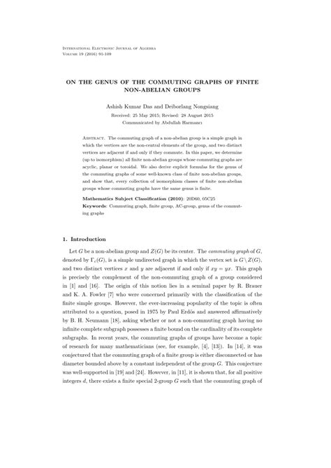 Pdf On The Genus Of The Commuting Graphs Of Finite Non Abelian Groups