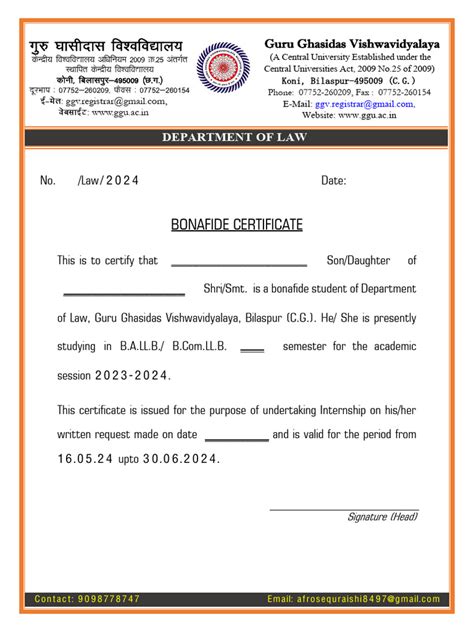Internship Bona Fide Certificate Format 2023 Pdf