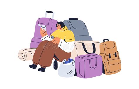 Refugee With Baggage Poor Homeless Migrant Sitting Among Bags With