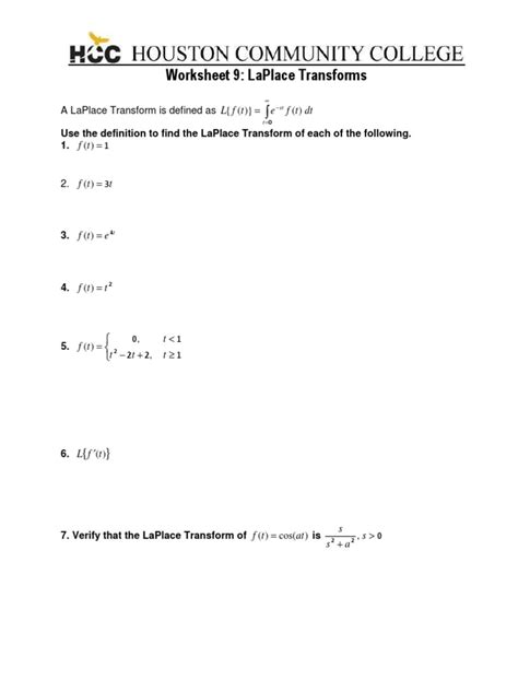 Laplace Transform Worksheet Pdf
