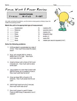 Force Work Power Worksheet By Amy Schulze TPT